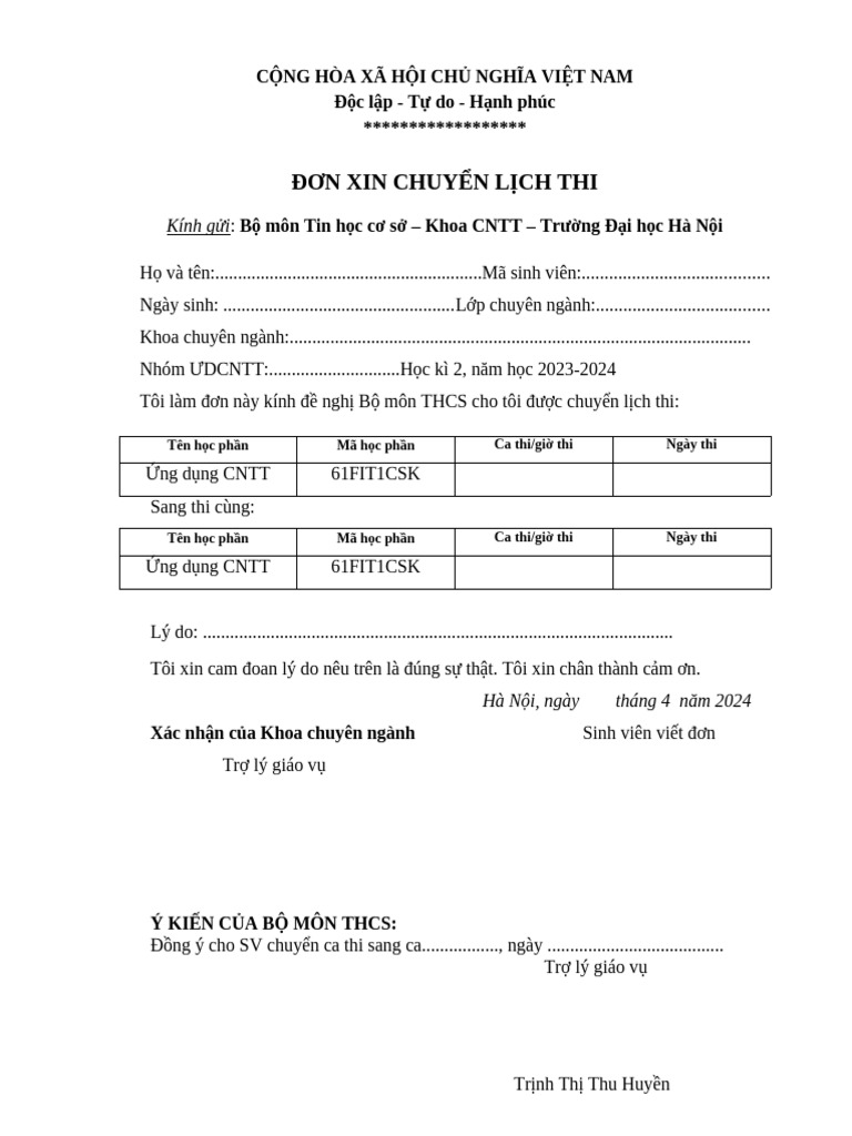 Đơn Xin Chuyển Lịch Thi | PDF
