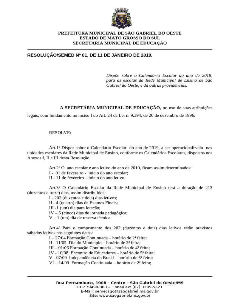 Resolução Calendário p 2019 | PDF