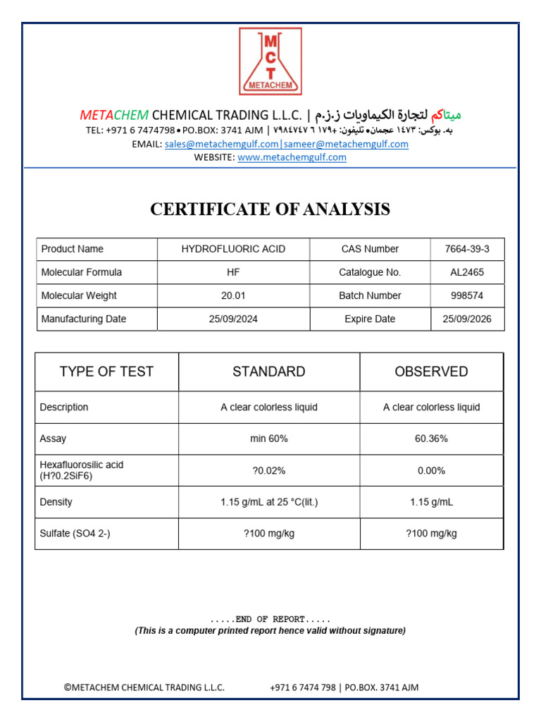 Hydrofluoric Acid - Coa | PDF