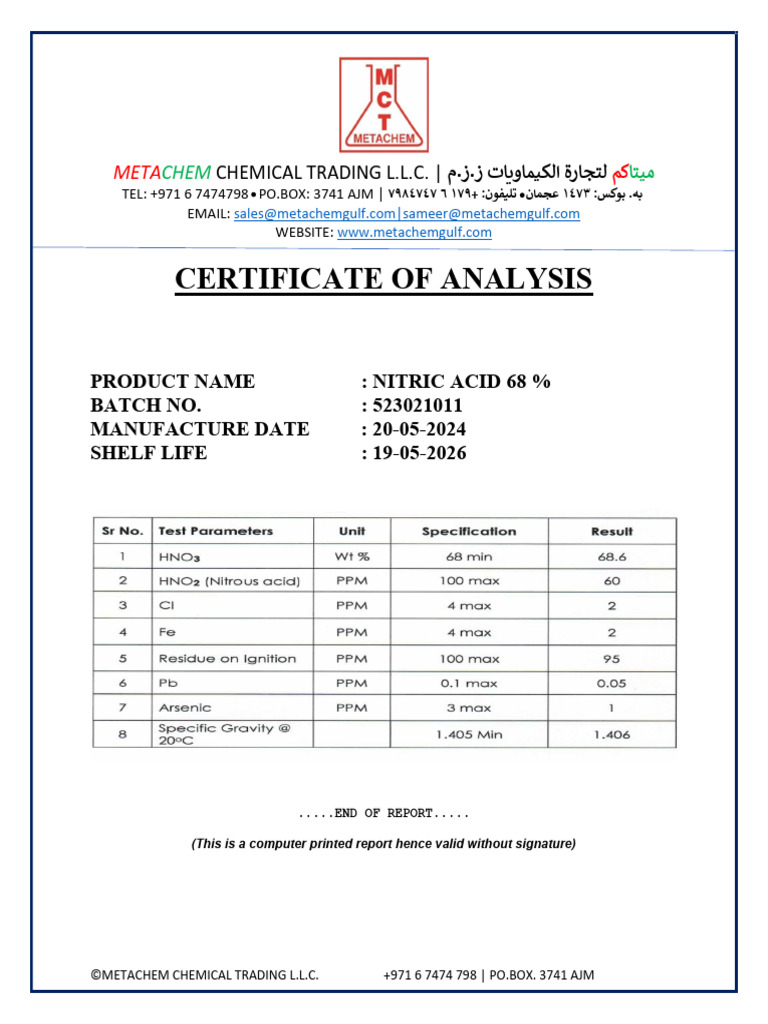 Nitric Acid - Coa | PDF