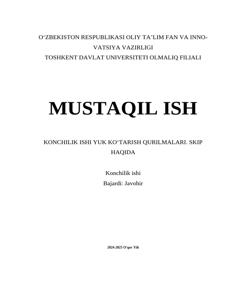Konchilik Ishi Yuk Ko Tarish Qurilmalari. Skip Haqida | PDF