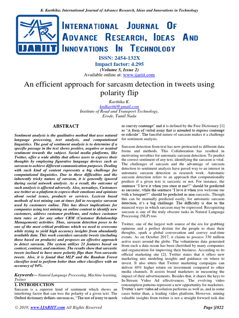 An Efficient Approach For Sarcasm Detection in Tweets Using | PDF | Machine Learning ...