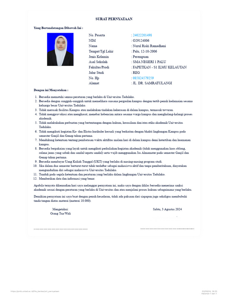 PMB Surat Pernyataan Nurul Riski Ramadhani (O29124006) | PDF