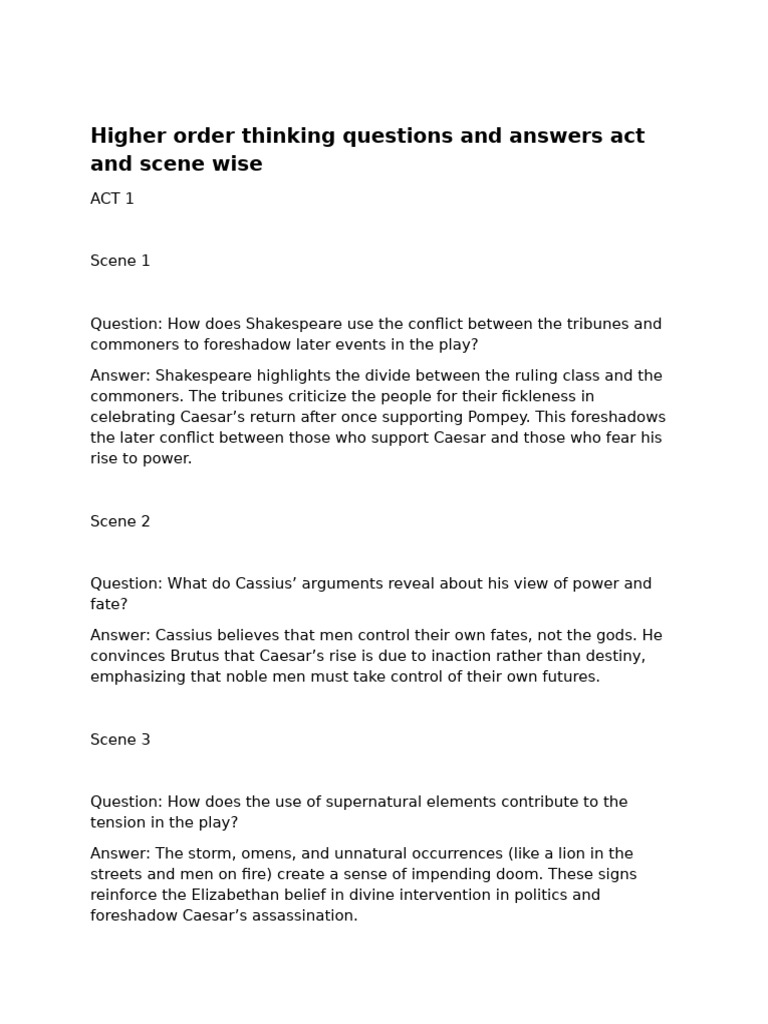 Julius Caesar Higher Order Thinking Questions and Answers | PDF ...