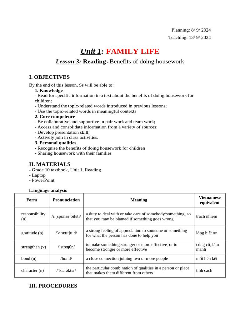 Unit 1 - FAMILY LIFE | PDF | Vocabulary | Homework