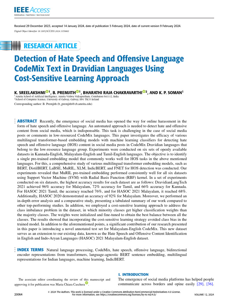 Detection of Hate Speech and Offensive Language CodeMix Text in Dravidian Languages Using Cost ...