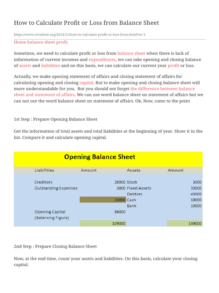 How to Calculate Profit or Loss From Balance Sheet+ | PDF