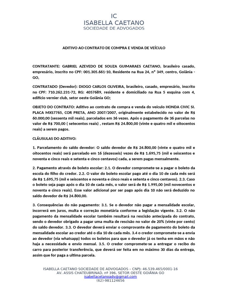 Aditivo De Contrato De Compra E Venda Honda Civic Pdf