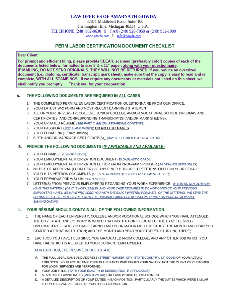 PERM Document Checklist 2020 1 | PDF | H 1 B Visa | Employment