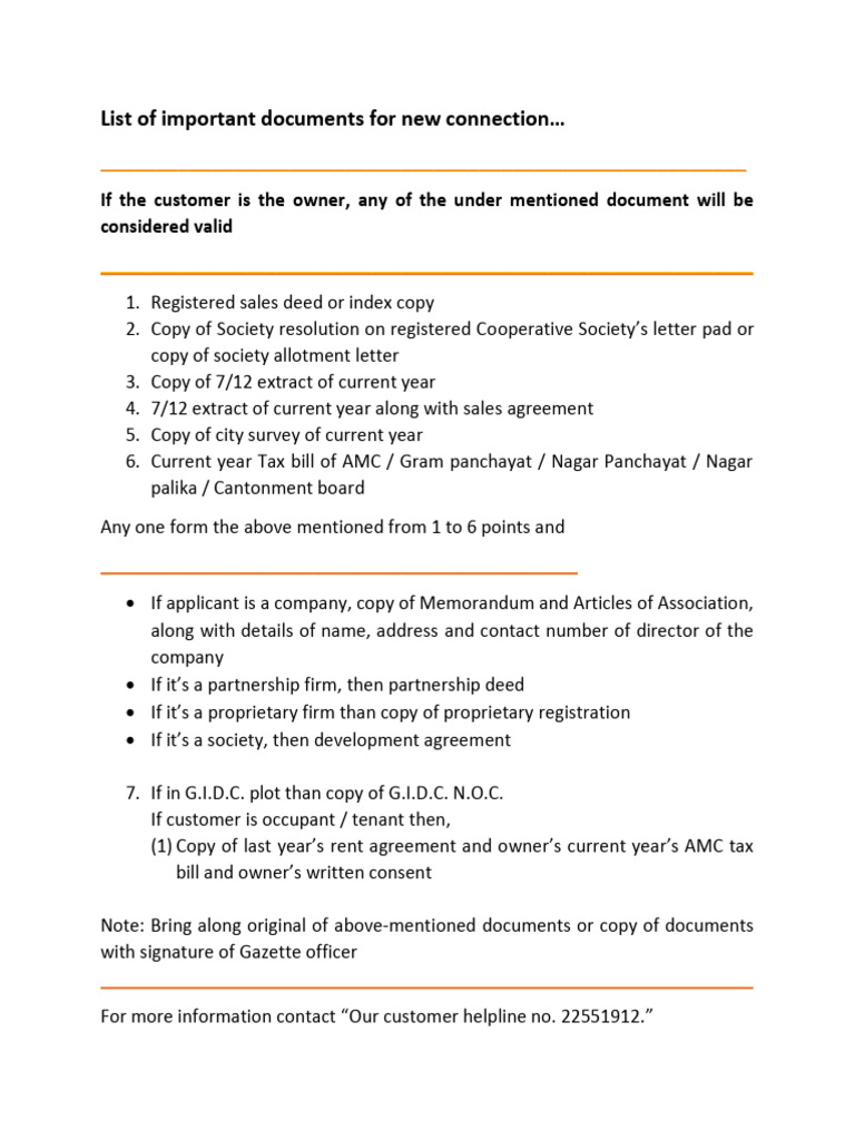 AHD-LT Important Documents For New Connection | PDF