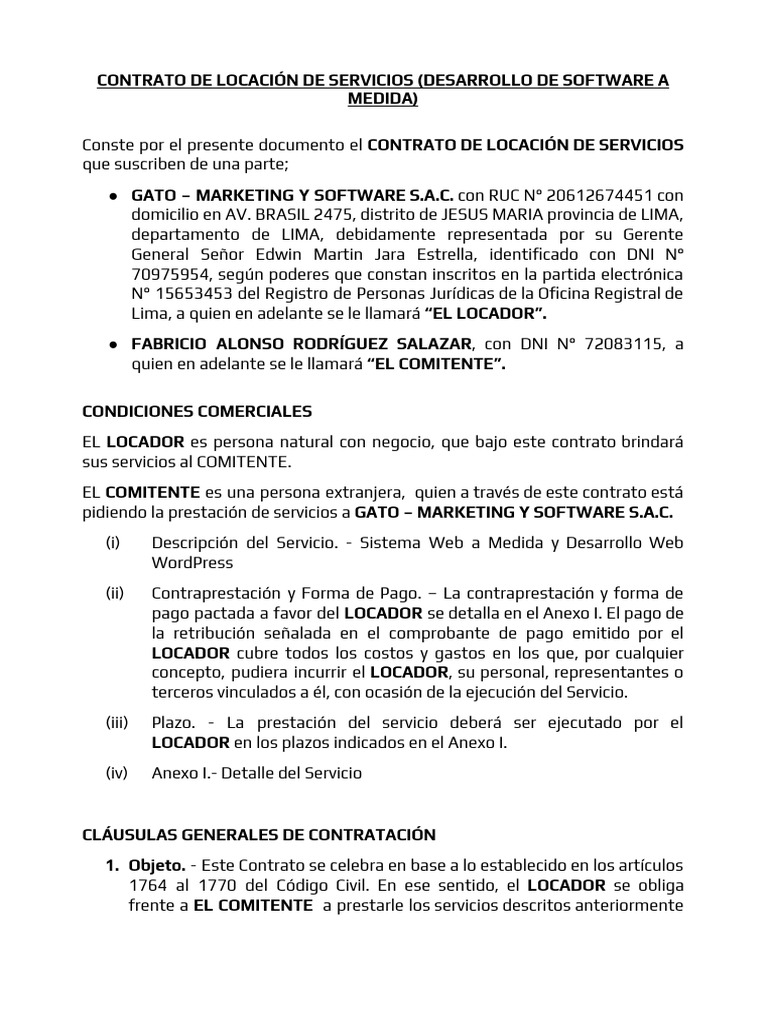 Contrato de Locación de Servicios Software - Fabricio Rodriguez | PDF ...