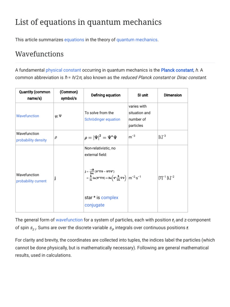 Quantum Mechanics Equations Overview | PDF | Wave Function | Spin (Physics)