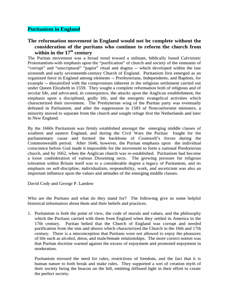 Puritanism in England | PDF | Puritans | Anglicanism