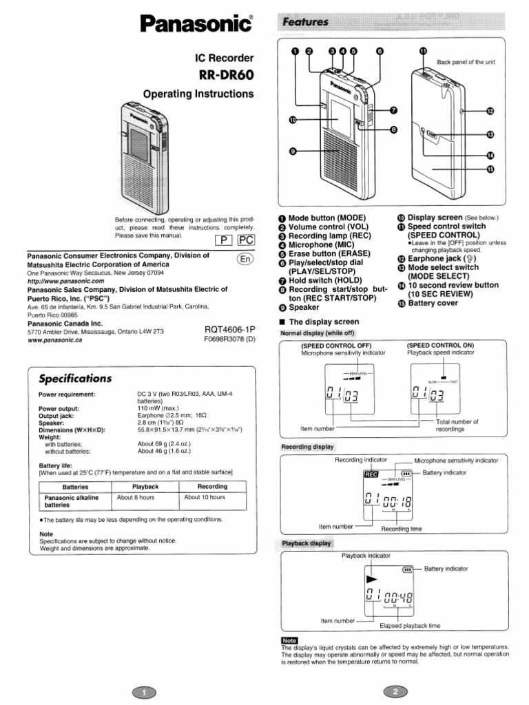 Panasonic RR-DR60 Microcassette Recorder User Manual | PDF