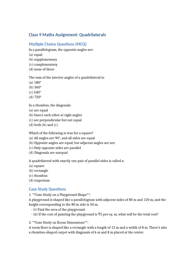 Class 9 Maths Assignment Quadrilaterals | PDF | Rectangle | Geometry