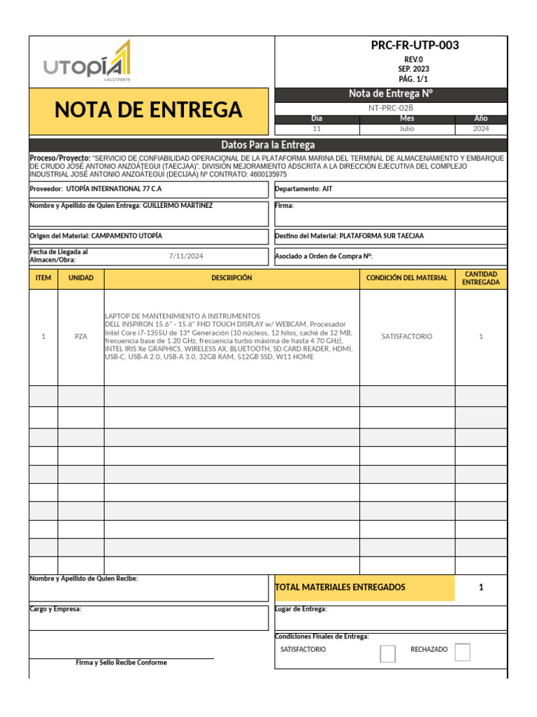 Prc-fr-utp-003 Nota de Entrega Nt-prc- 028 Ait Sur | PDF | Circuito integrado | Electrónica