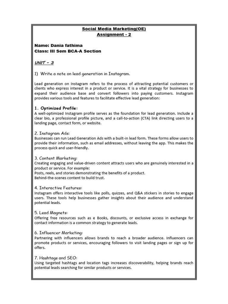 Unit - 3: Social Media Marketing (OE) Assignment - 2 Name: Dania Fathima Class: III Sem BCA-A ...
