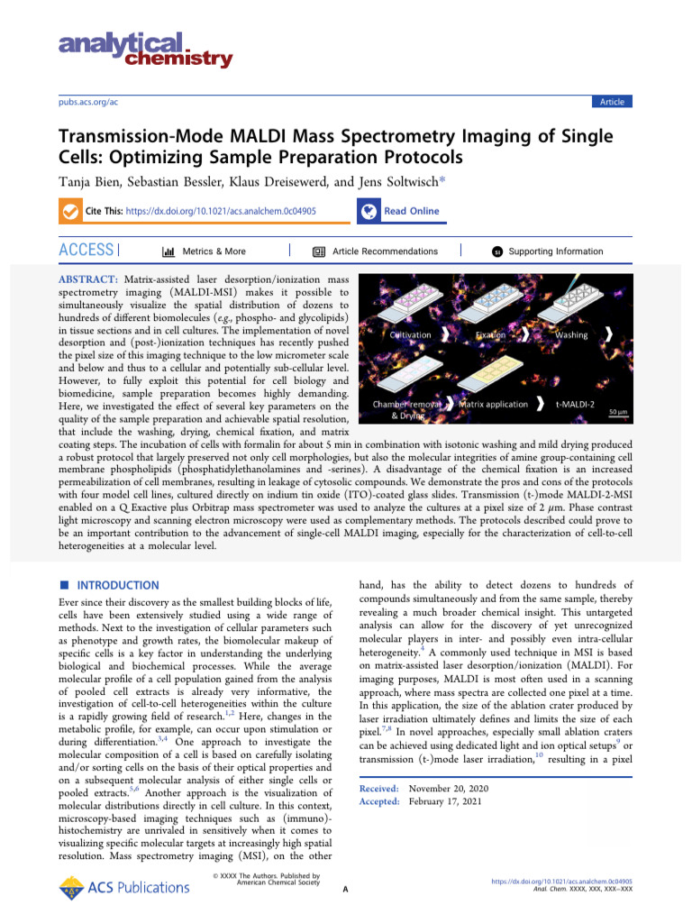 Transmission-Mode MALDI Mass Spectrometry Imaging of Single Cells: Optimizing Sample Preparation ...