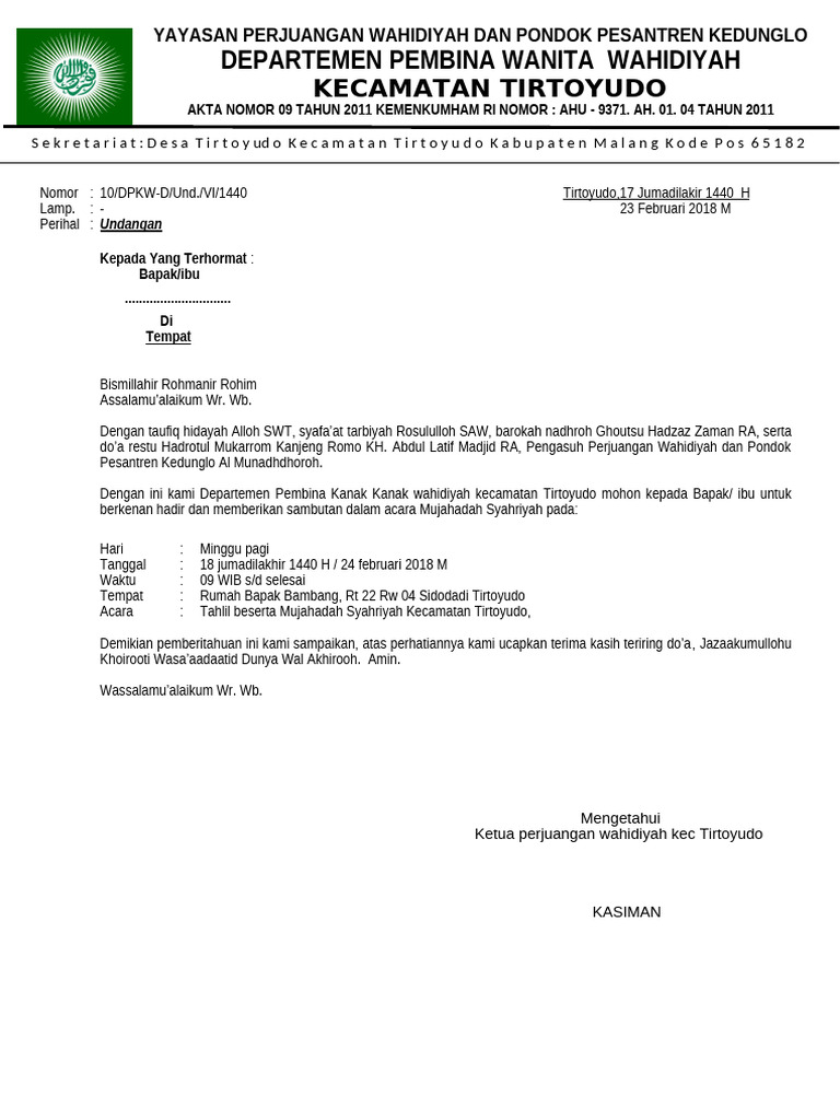 Undangan Mujahadah Syahriyah Tirtoyudo | PDF