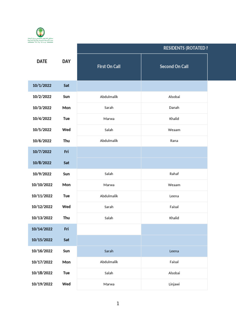 October On-Call Schedule 2022 | PDF