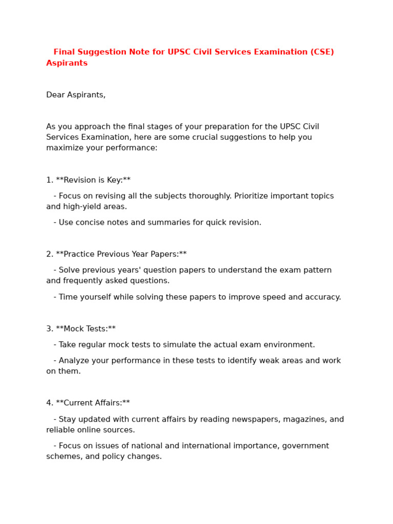 Final Suggestion Note For UPSC Civil Services Examination (CSE ...