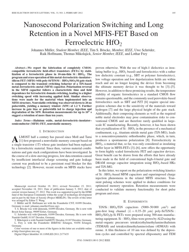 Nanosecond Polarization Switching and Long Retention in a Novel MFIS-FET Based on Ferroelectric ...