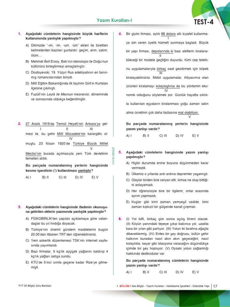 Tyt Di̇l Bi̇lgi̇si̇ Soru Bankasi 2024 - Yayindeni̇zi̇ - Ornek | PDF