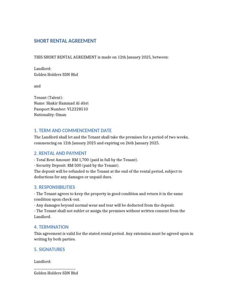 Short Rental Agreement Formatted | PDF