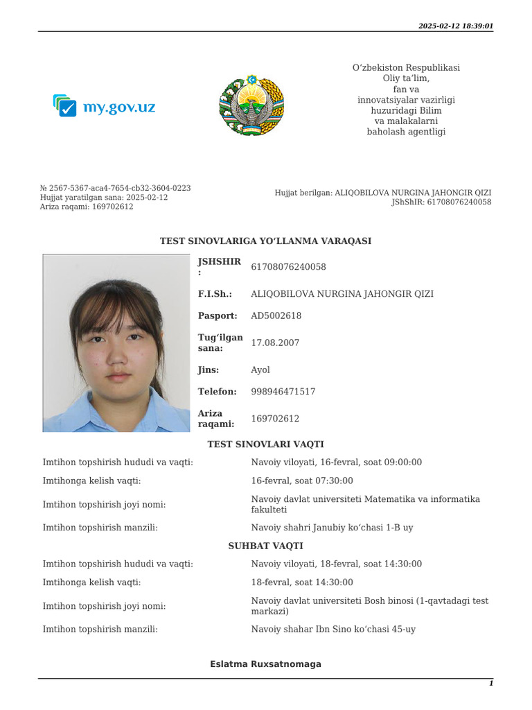 Test Sinovlariga Yo Llanma Varaqasi Jshshir: F.I.Sh.: Pasport: Tug ...