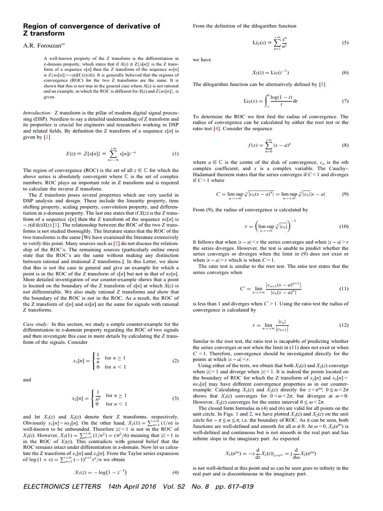 Region of Convergence of Derivative of Z Transform | PDF | Limit ...