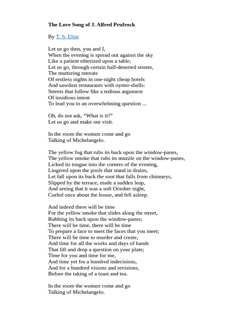 The Love Song of J.Alfred Prufrock შინაარსი | PDF