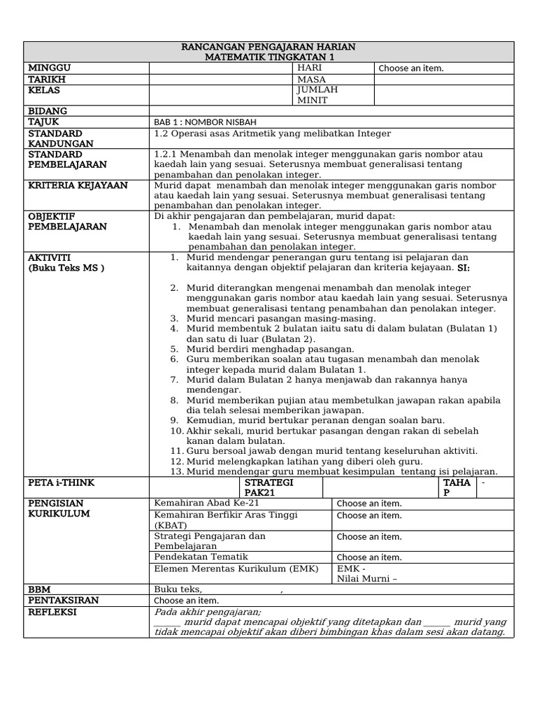 RPH Matematik Tingkatan 1 - 1.2 OPERASI ASAS ARITMETIK YANG MELIBATKAN ...