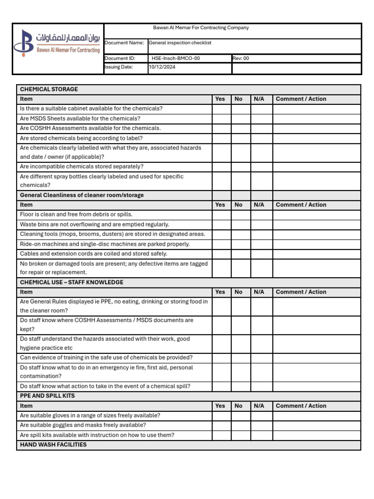General Inspection Checklist | PDF | Waste | Safety