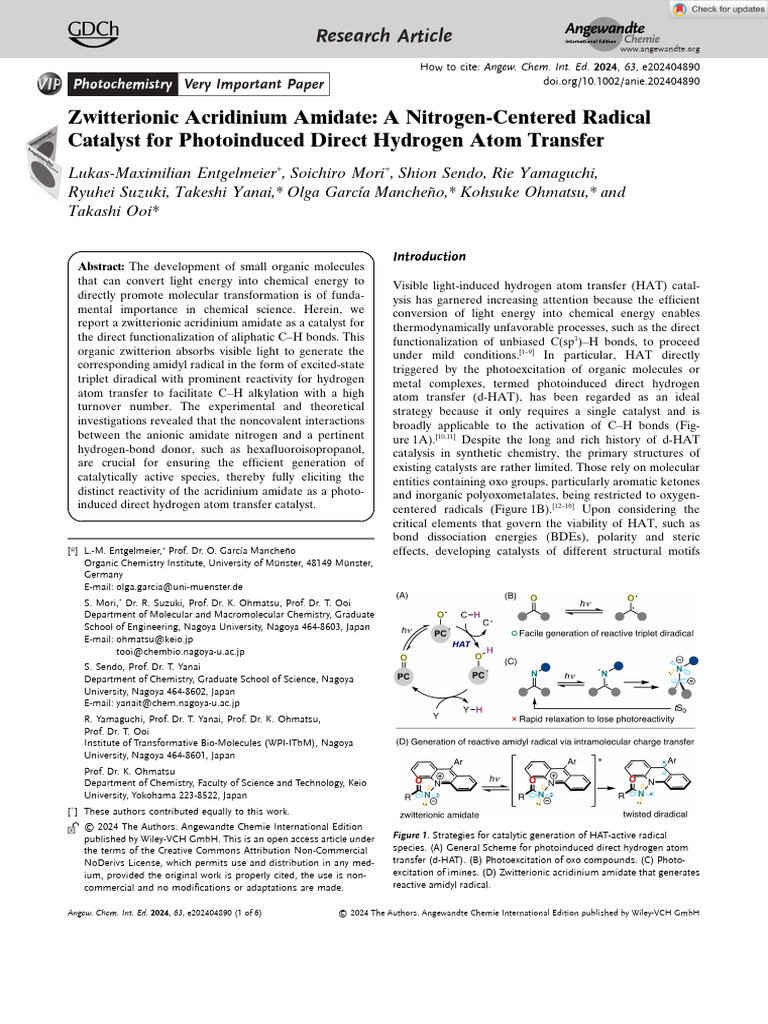Angew Chem Int Ed - 2024 - Entgelmeier - Zwitterionic Acridinium Amidate A Nitrogen Centered ...