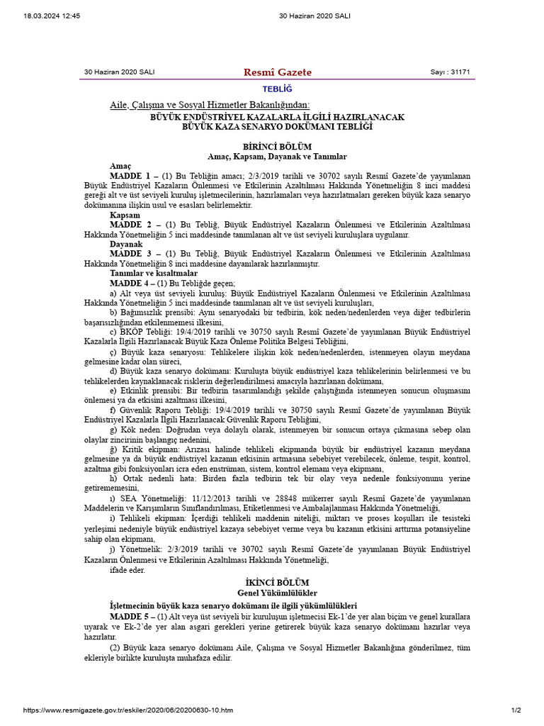 Büyük Kaza Senaryo Dokümanı Tebliği 30 Haziran 2020 SALI | PDF