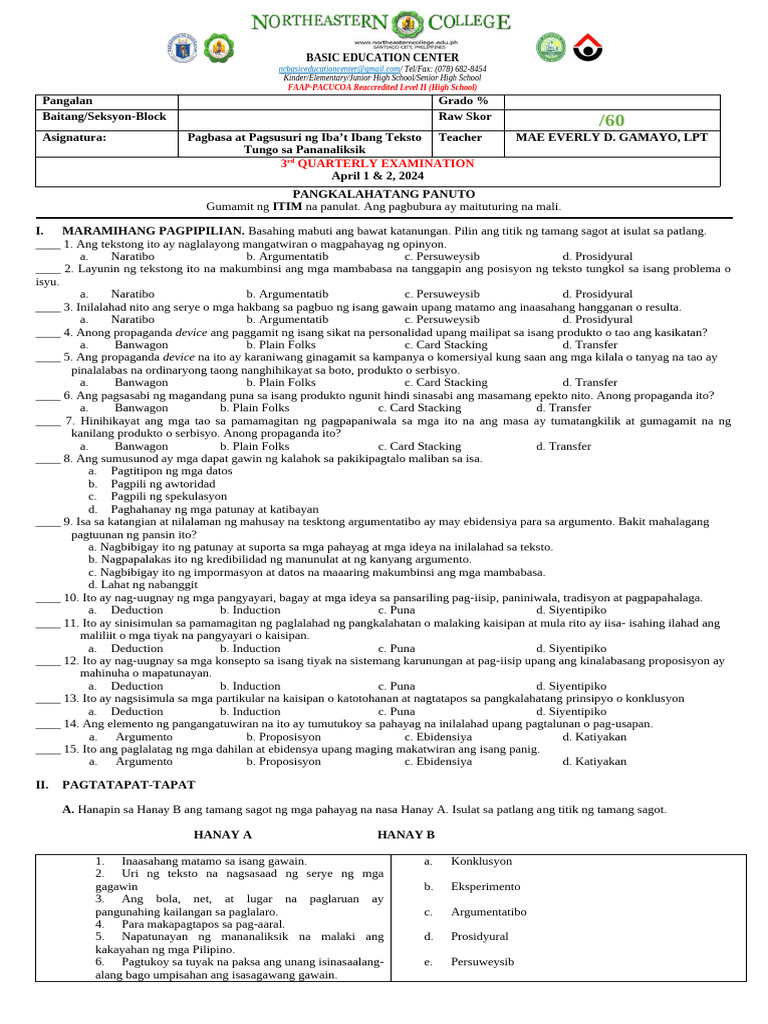 Pagbasa at Pagsusuri 3rd Quarterly Exam | PDF