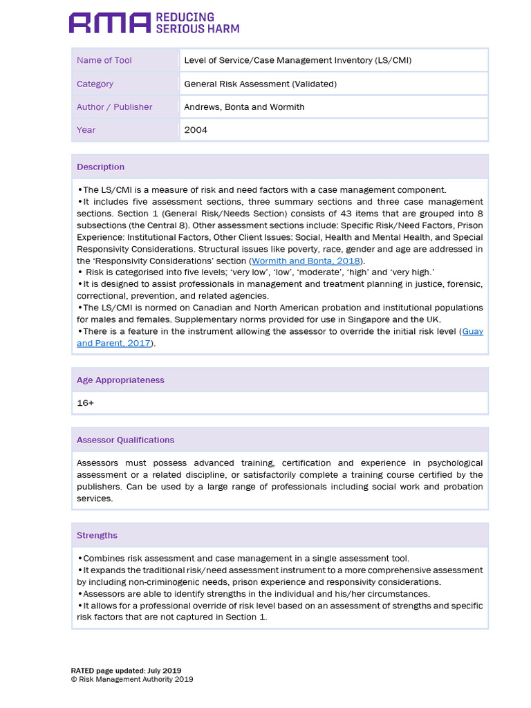 Level of Service Case Management Inventory | PDF | Recidivism | Risk