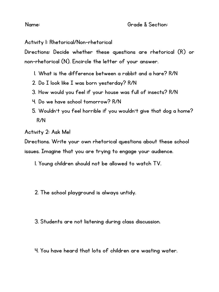 Rhetorical Question Activity | PDF