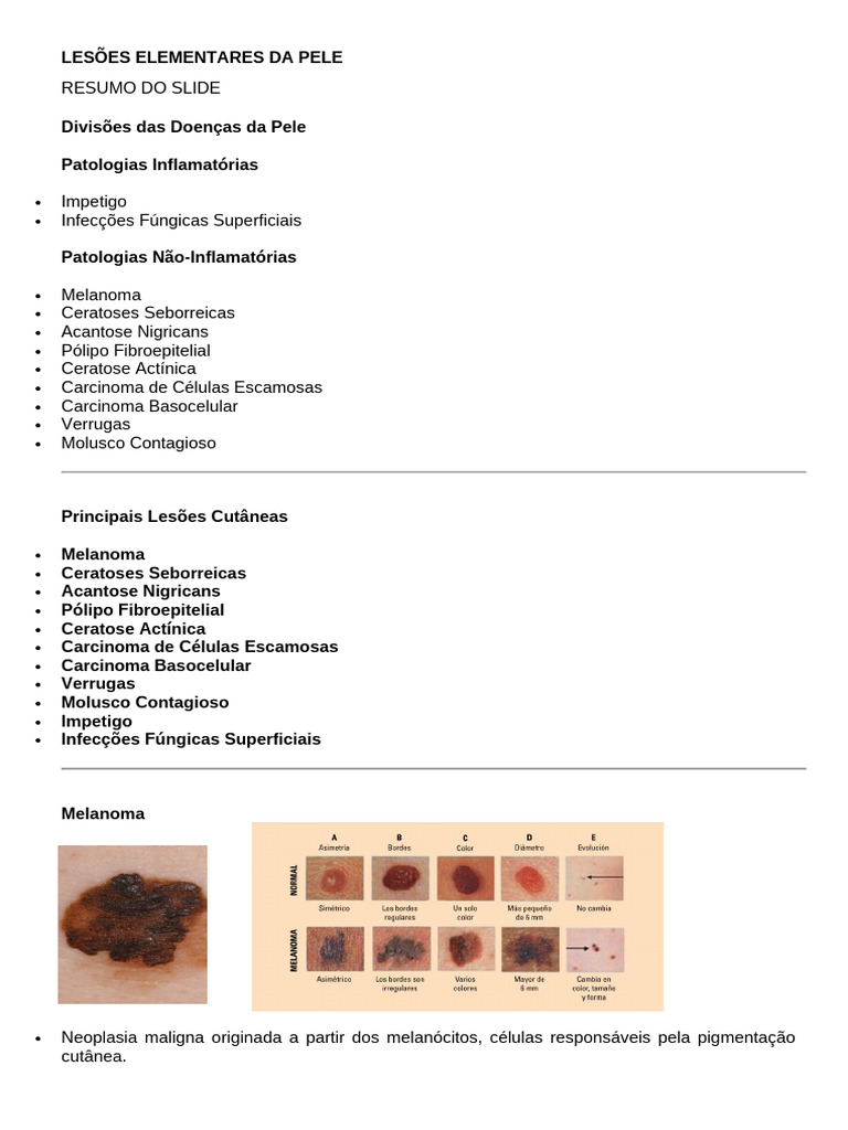 Lesões Cutâneas: Tipos e Características | PDF | Melanoma | Carcinoma