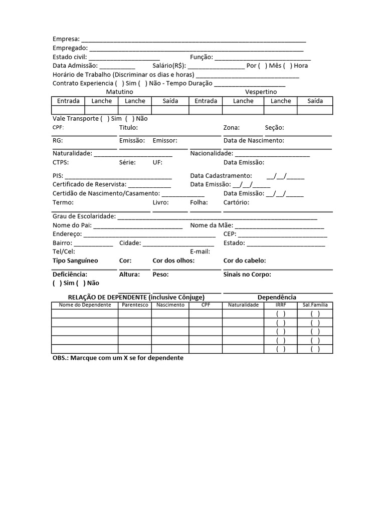 Check List Modelo Ficha Cadastral | PDF