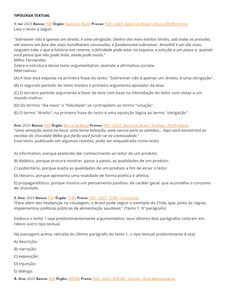Tipologia Textual em Provas FGV 2023 | PDF | Tráfego | Narrativa
