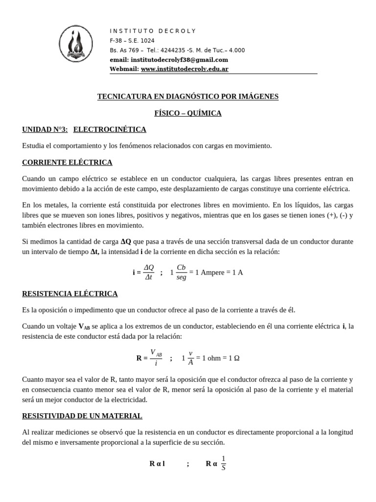 Unidad Nº3 Electrocinetica | PDF | Corriente eléctrica | Resistencia Eléctrica y Conductancia