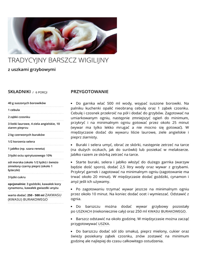 Tradycyjny Barszcz Wigilijny - Kwestia Smaku | PDF