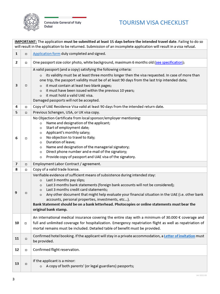 Italy Tourism Visa Application Checklist | PDF | Travel Visa | Passport