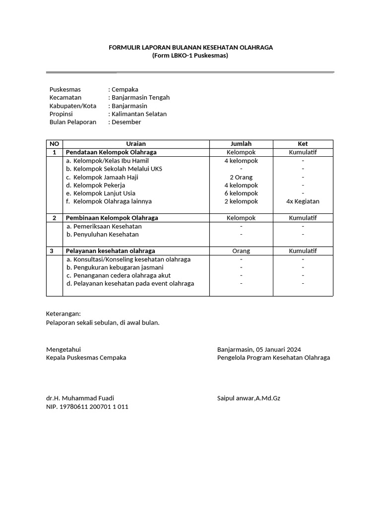 Bagi FORMULIR LAPORAN BULANAN KESEHATAN OLAHRAGA | PDF