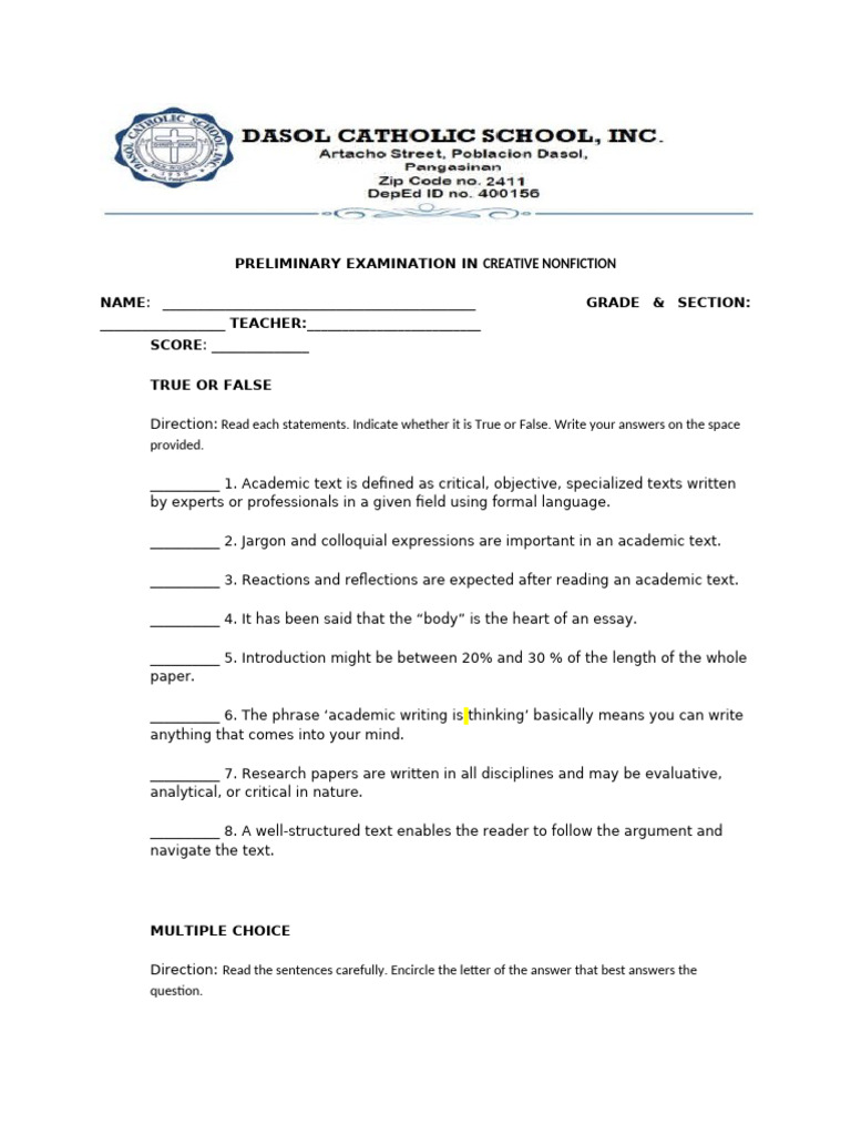 PRELIMINARY EXA-WPS Office | PDF | Essays | Cognition