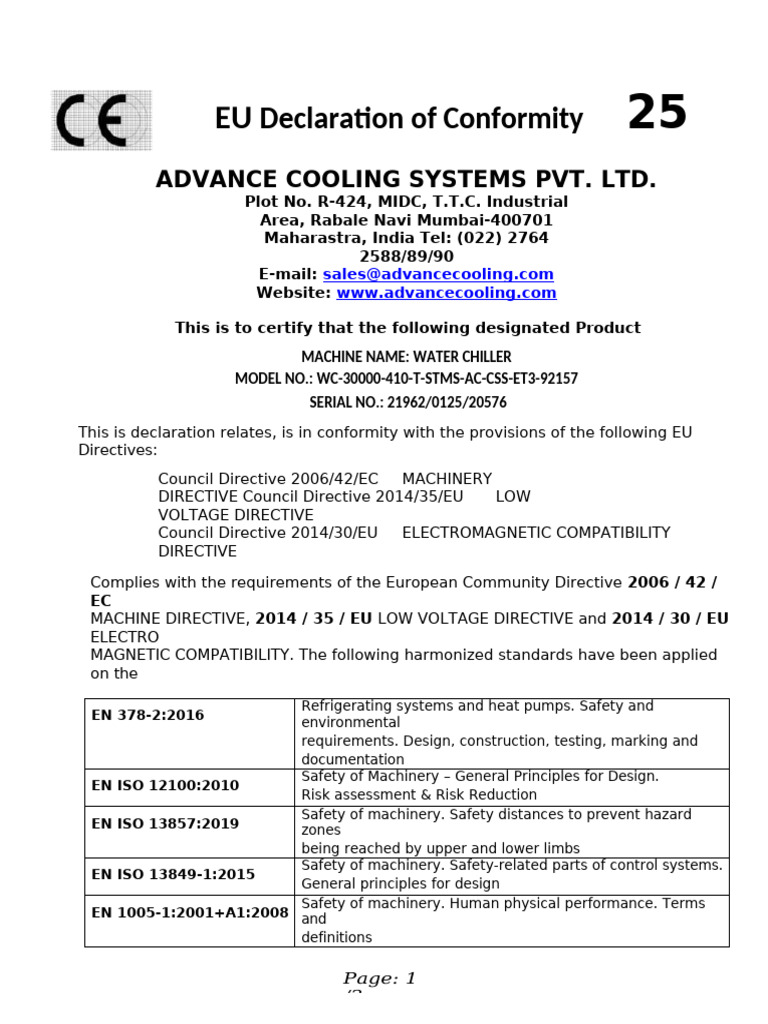 EU Declaration of Conformity for Water Chiller | PDF | Electromagnetic ...
