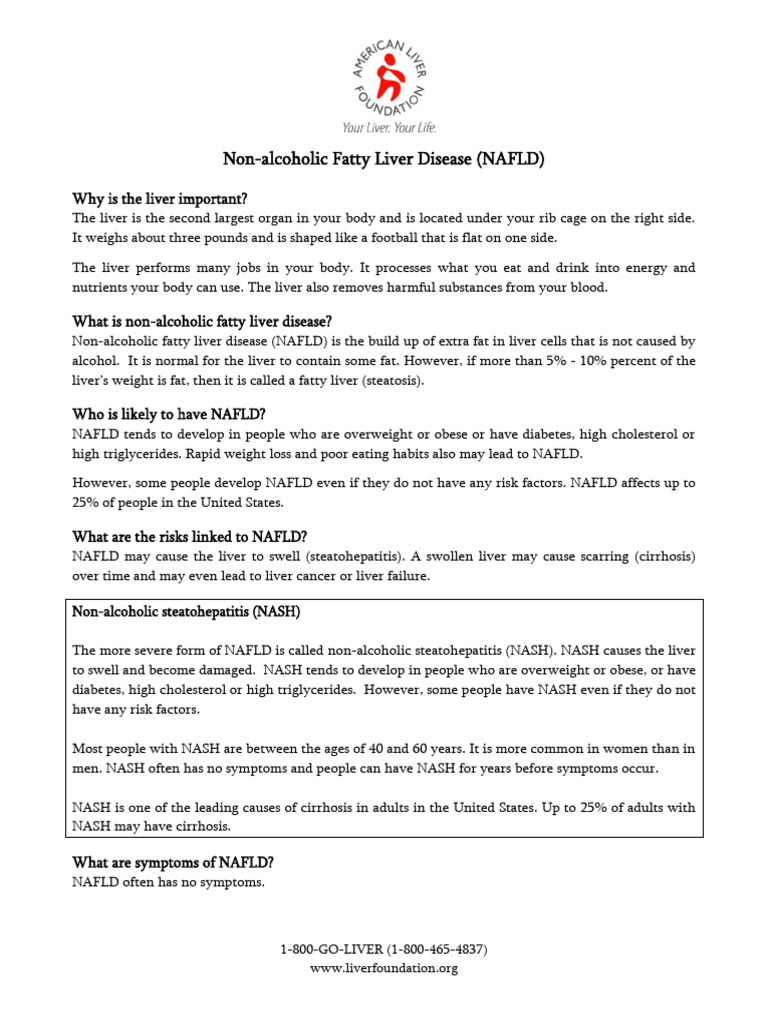 Non Alcoholic Fatty Liver Disease NAFLD Handout | PDF | Cirrhosis | Liver