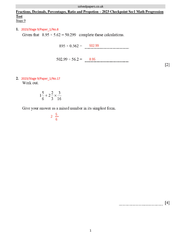 2023 Fractions Decimals Percentages Ratio and Proportion Checkpoint Sec1 Math Progression Sta | PDF