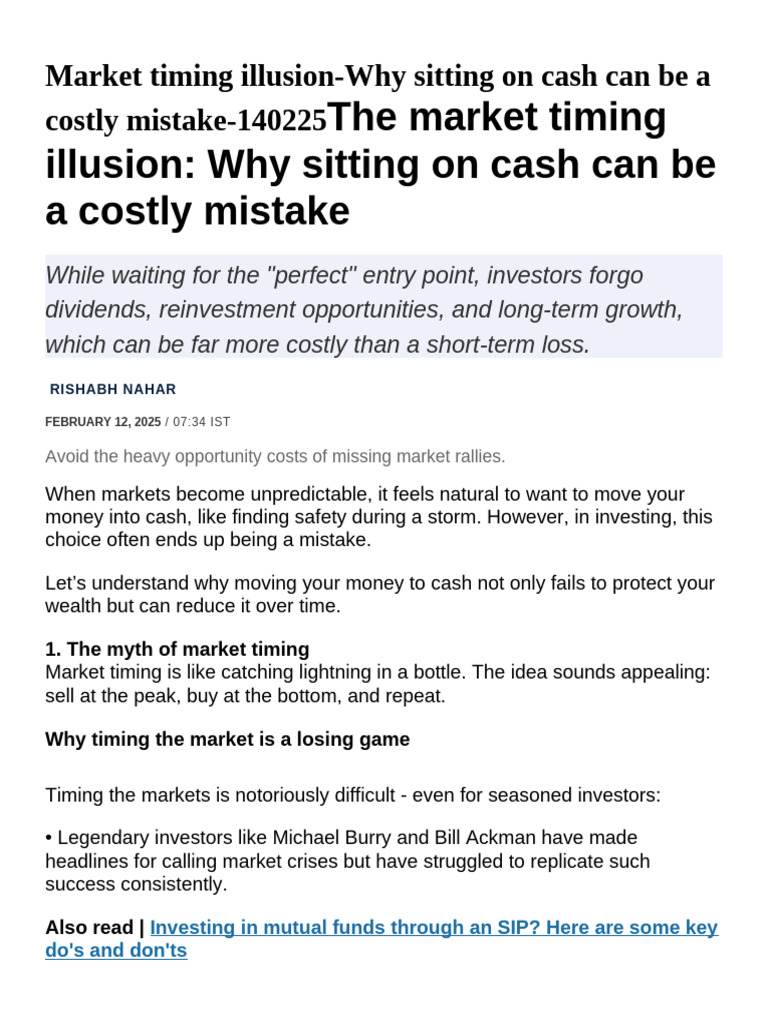 Market Timing Illusion-Why Sitting On Cash Can Be A Costly Mistake ...